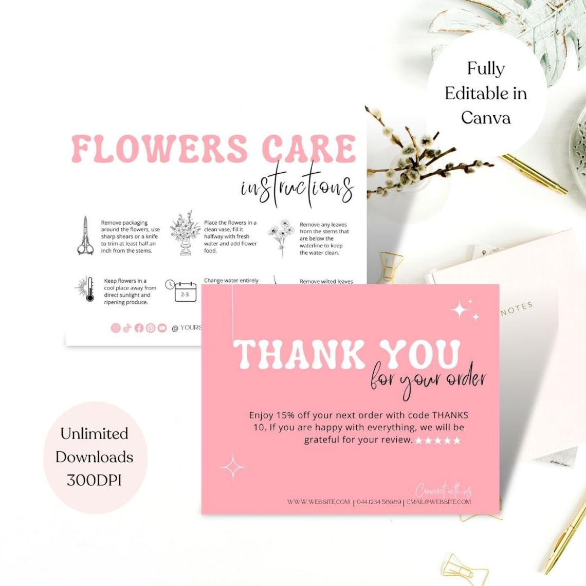 Editable Flower Care Card Instructions, Fresh Cut Flowers Florist Care ...