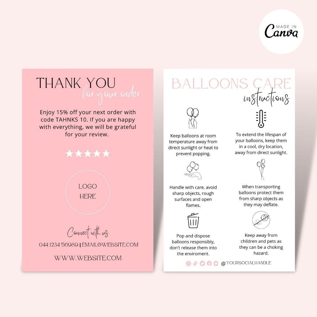 Editable Balloons Care Instructions Template, Mini Printable Balloon ...