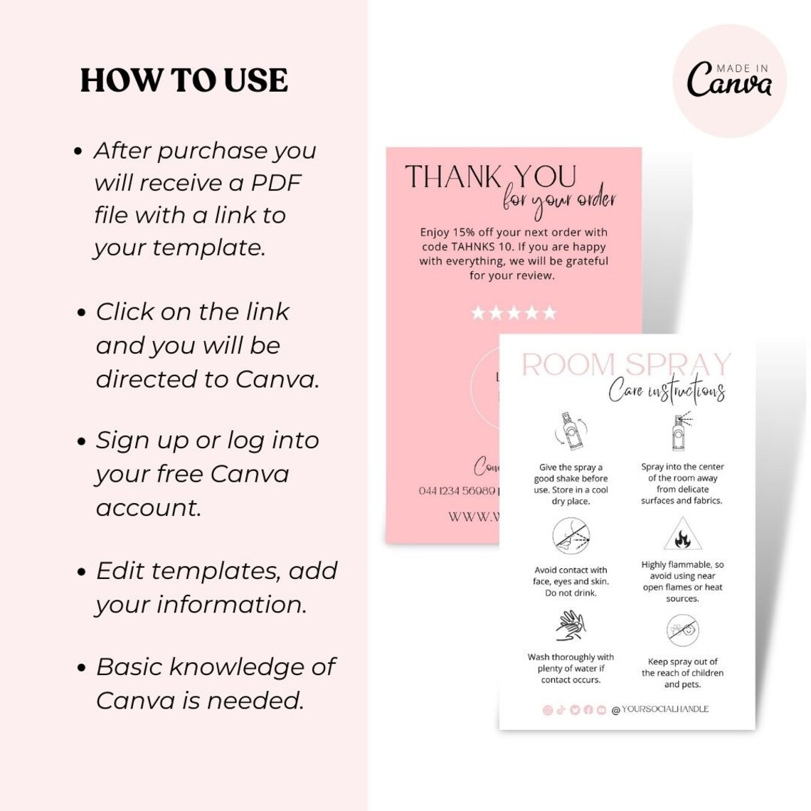 Room Spray Care Card Template, Editable Room Spray Care Instructions ...
