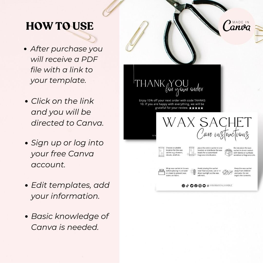 Wax Sachet Care Instructions Template, Editable Wax Sachet Safety Care ...