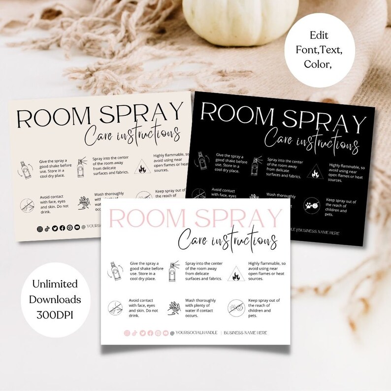 Room Spray Care Card Template, Editable Room Spray Care Instructions ...