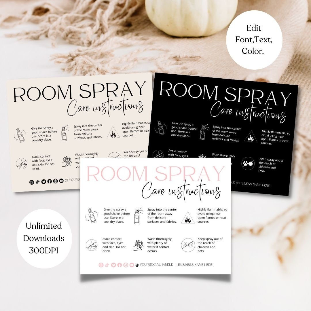 Room Spray Care Card Template, Editable Room Spray Care Instructions ...