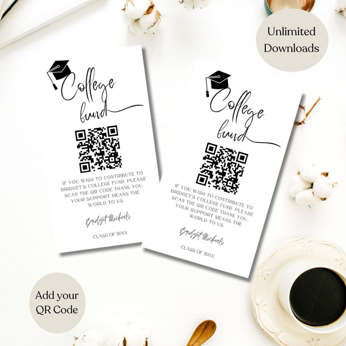 Minimalist Graduation QR Code Card Printable, Editable College Fund ...