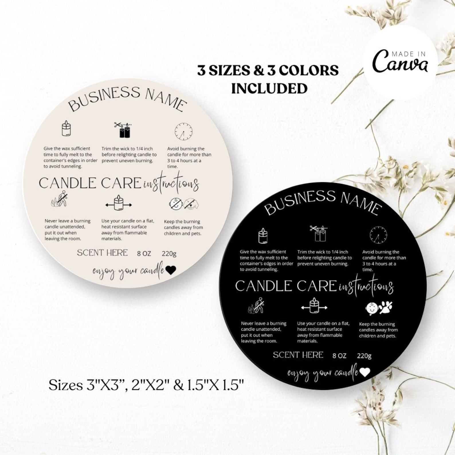 Printable Candle Warning Label, Pink Editable Candle Care Card, Black ...