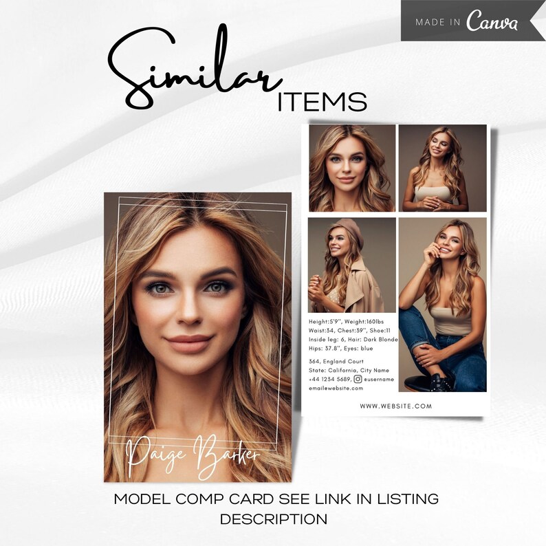 Model Comp Card, Modeling Photo Card Canva Template, Editable Fashion ...