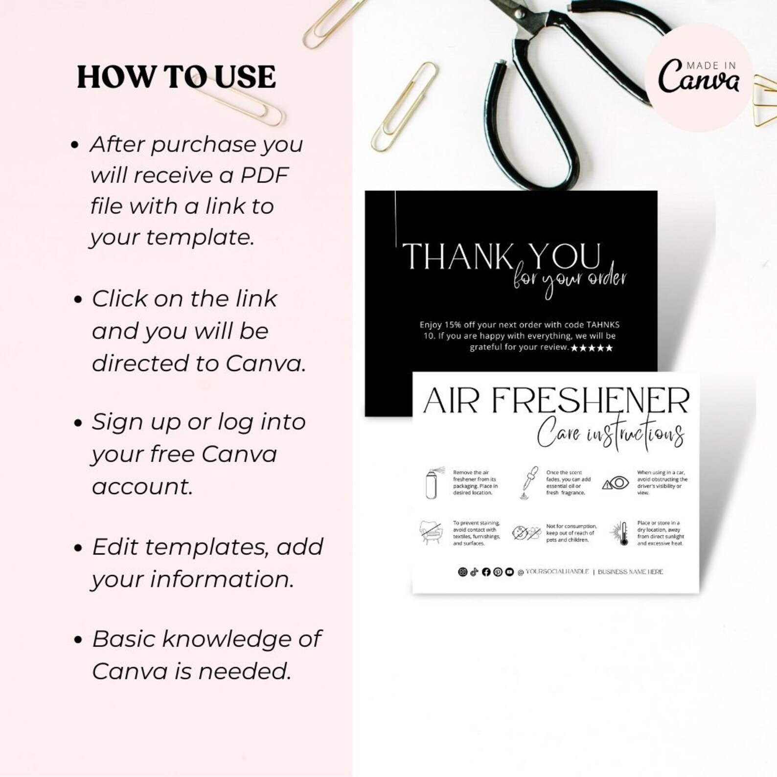 Editable Air Freshener Care Card, Air Freshie Care Instructions ...
