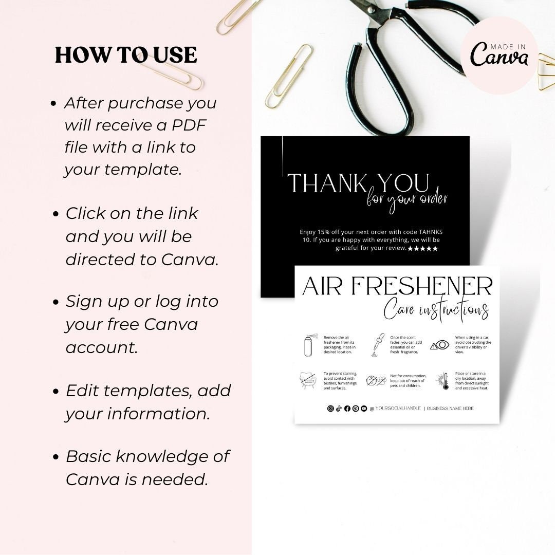 Editable Air Freshener Care Card, Air Freshie Care Instructions ...