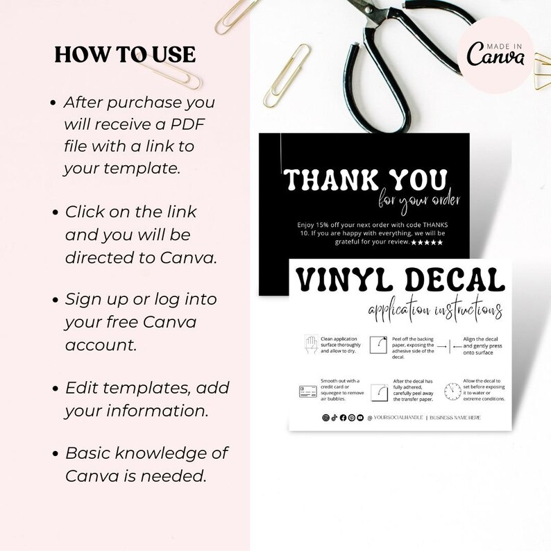 Editable Vinyl Decal Care Card Instructions, DIY Decal Instructions Guide, Vinyl Stickers ...