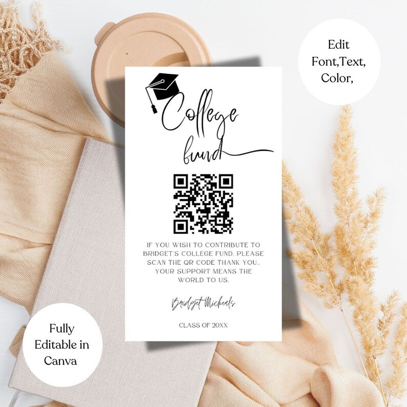 Minimalist Graduation QR Code Card Printable, Editable College Fund ...