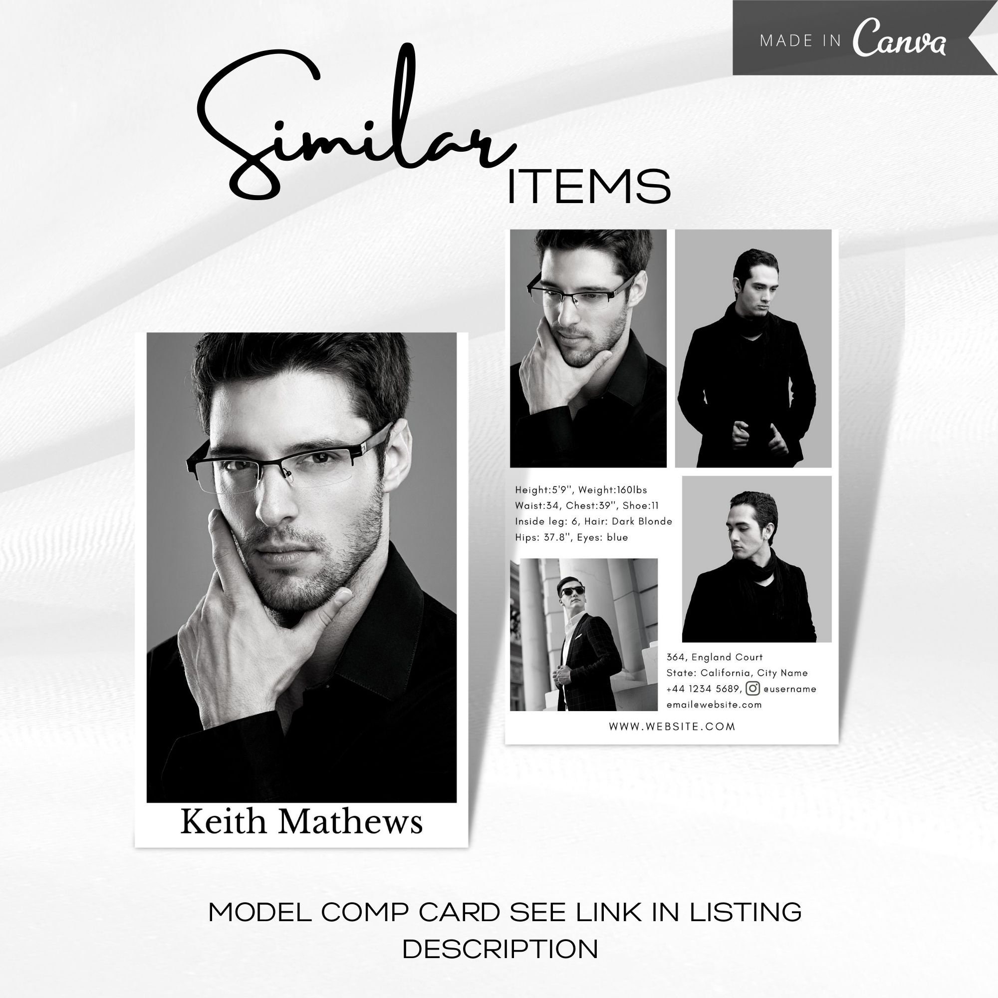Model Comp Card, Modeling Photo Card Canva Template, Editable Fashion ...