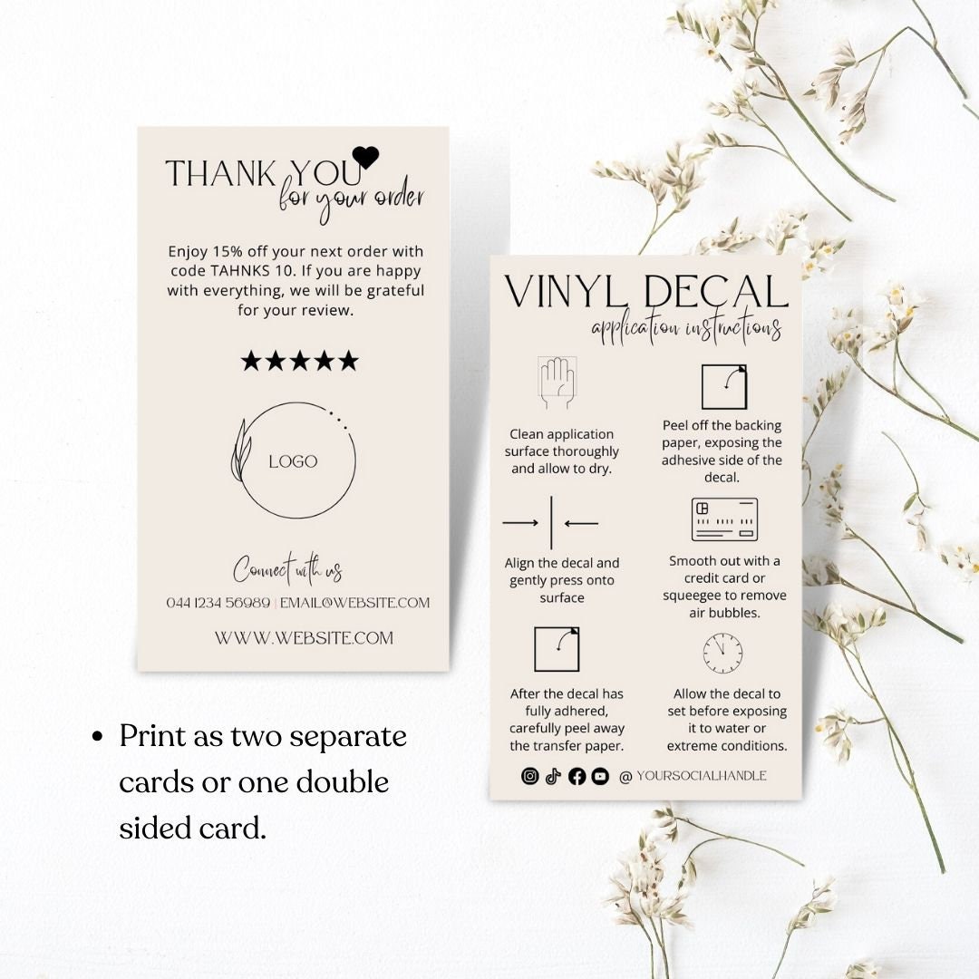 Editable Vinyl Decal Care Card Instructions, DIY Decal Instructions Guide, Vinyl Stickers ...