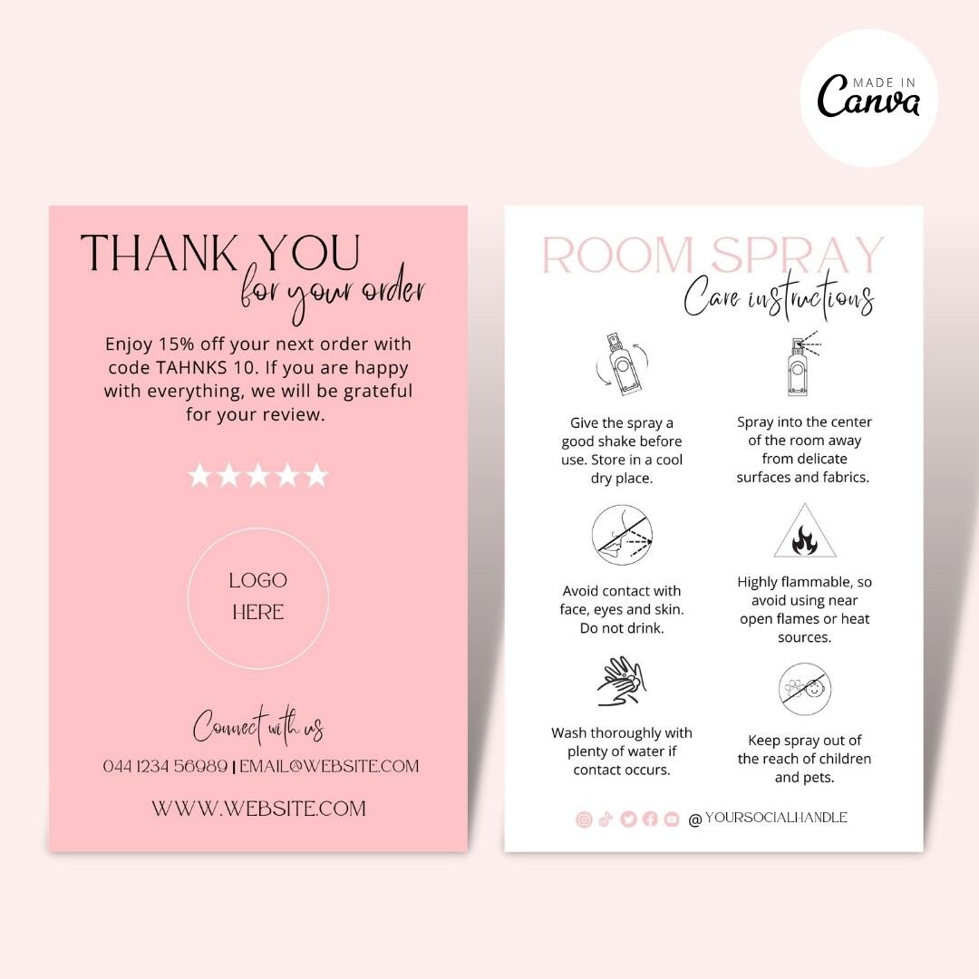 Room Spray Care Card Template, Editable Room Spray Care Instructions ...