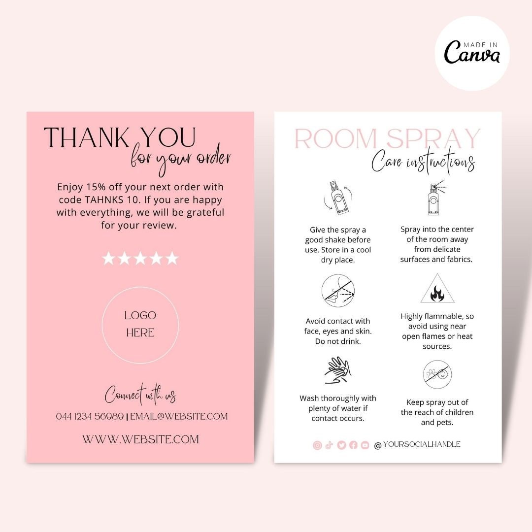 Room Spray Care Card Template, Editable Room Spray Care Instructions ...