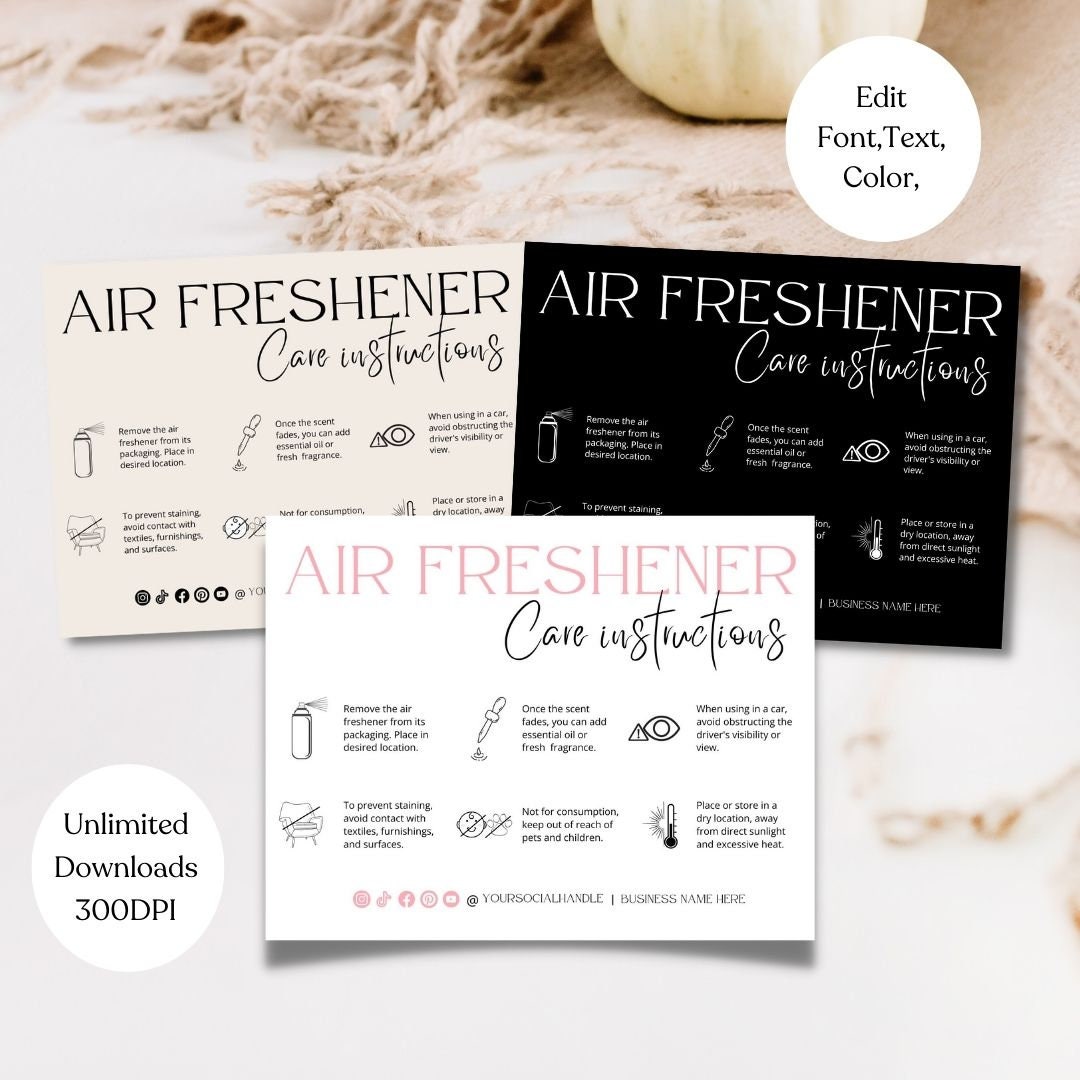 Editable Air Freshener Care Card, Air Freshie Care Instructions ...