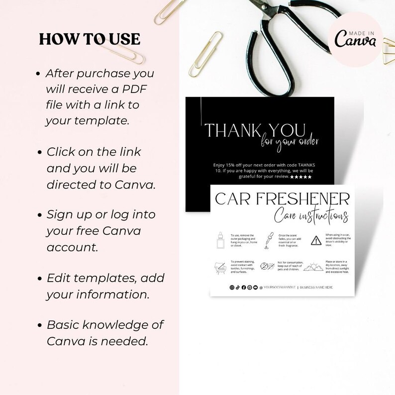 Editable Car Freshener Care Card, Printable Fragrance Safety Hanging ...