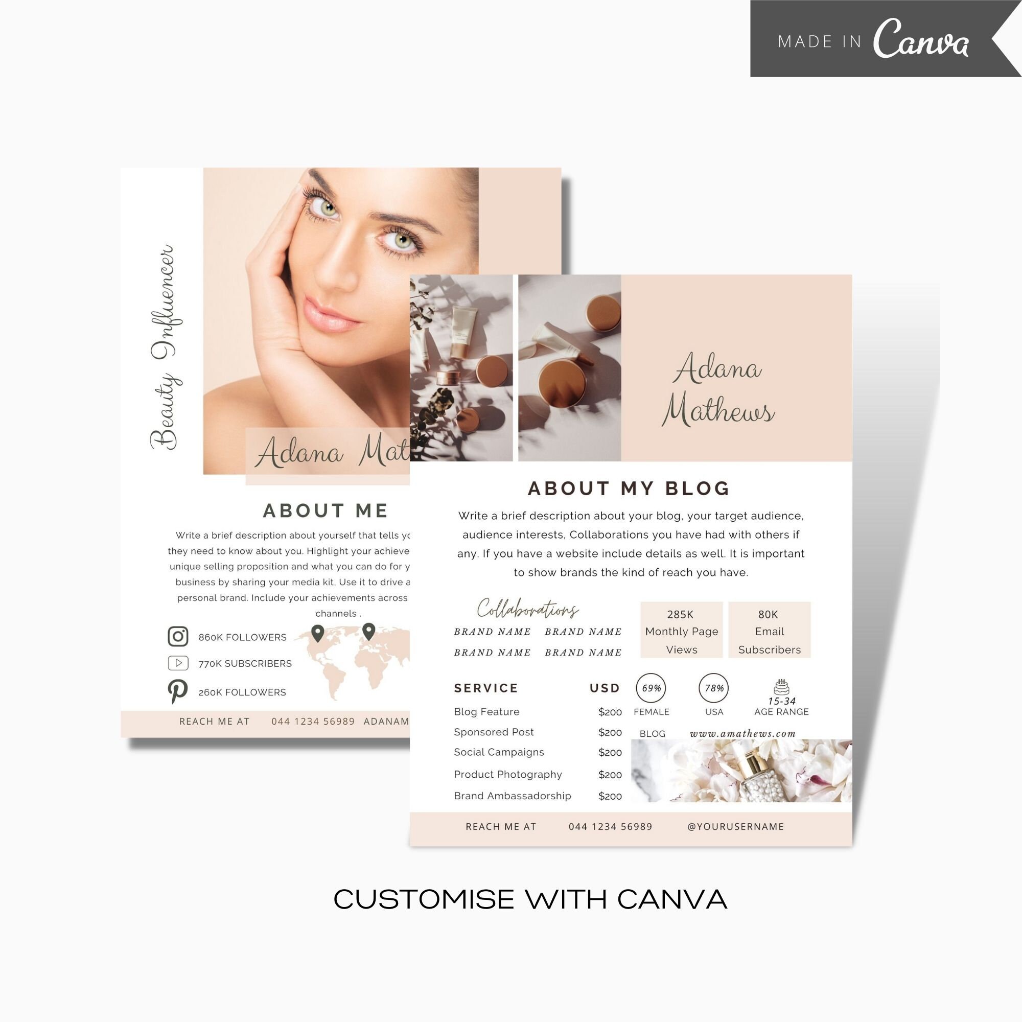 2 Page Blogger Media Kit Template Canva, Influencer Media Kit, Blog ...