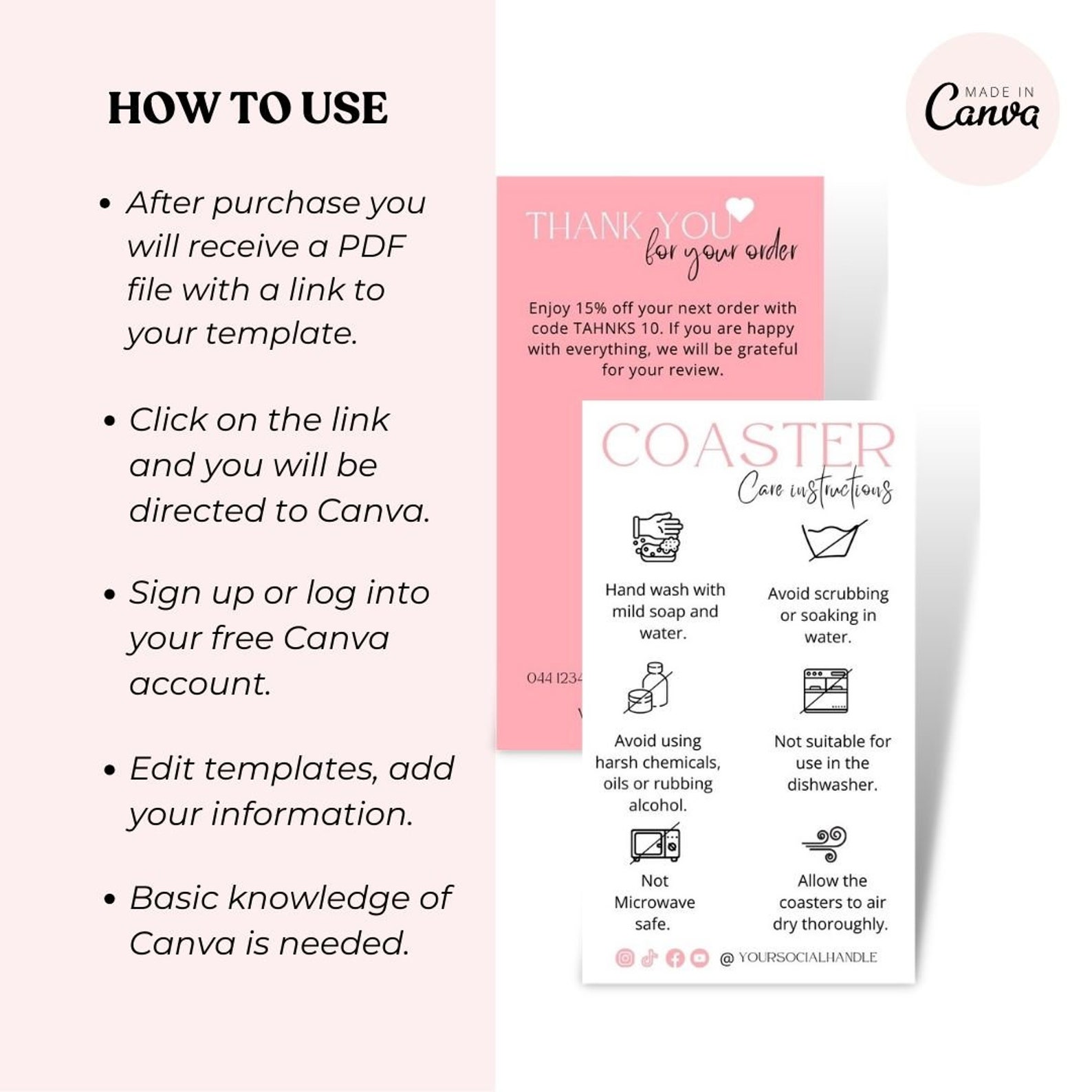 Editable Coaster Care Card Template, DIY Cup Holder Care Instructions ...