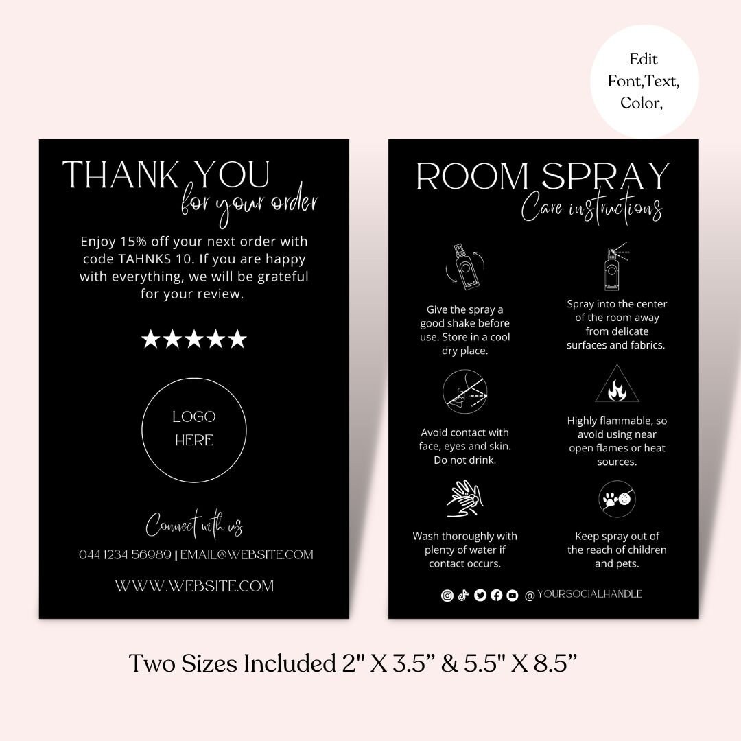 Room Spray Care Card Template, Editable Room Spray Care Instructions ...