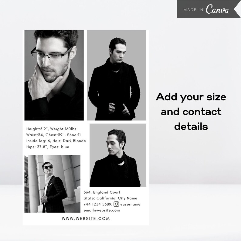 Model Comp Card, Modeling Photo Card Canva Template, Editable Fashion ...