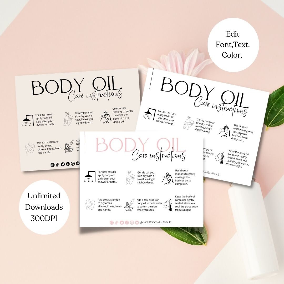 Printable Body Oil Care Card Template, Dry Oil Instructions Card ...