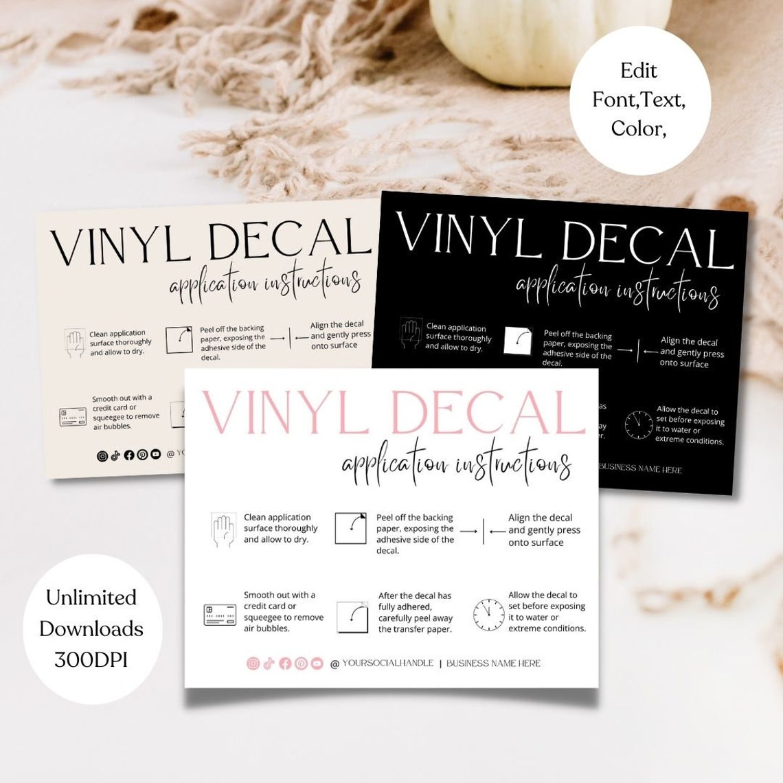 Editable Vinyl Decal Care Card Instructions, DIY Decal Instructions Guide, Vinyl Stickers ...