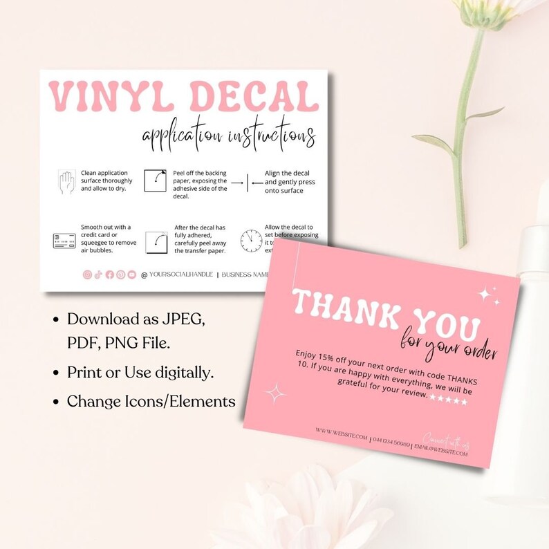 Editable Vinyl Decal Care Card Instructions, DIY Decal Instructions Guide, Vinyl Stickers ...