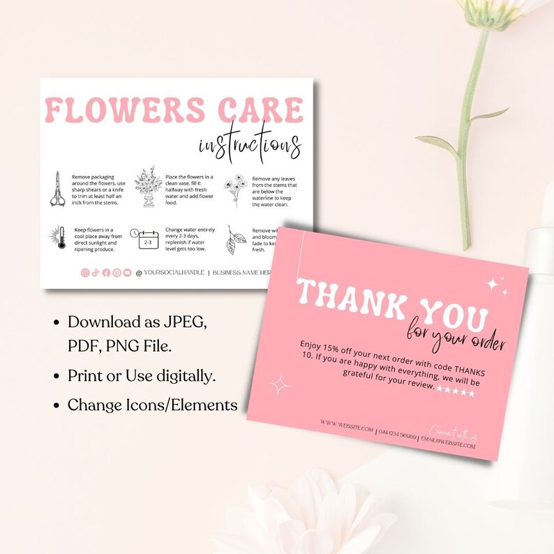 Editable Flower Care Card Instructions, Fresh Cut Flowers Florist Care ...