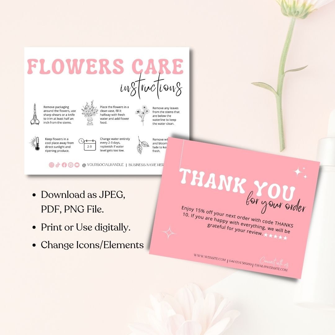 Editable Flower Care Card Instructions, Fresh Cut Flowers Florist Care ...