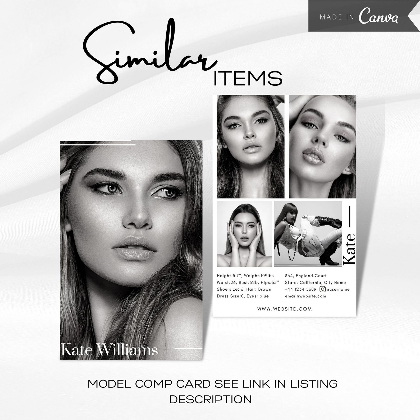 Model Comp Card, Modeling Photo Card Canva Template, Editable Fashion ...