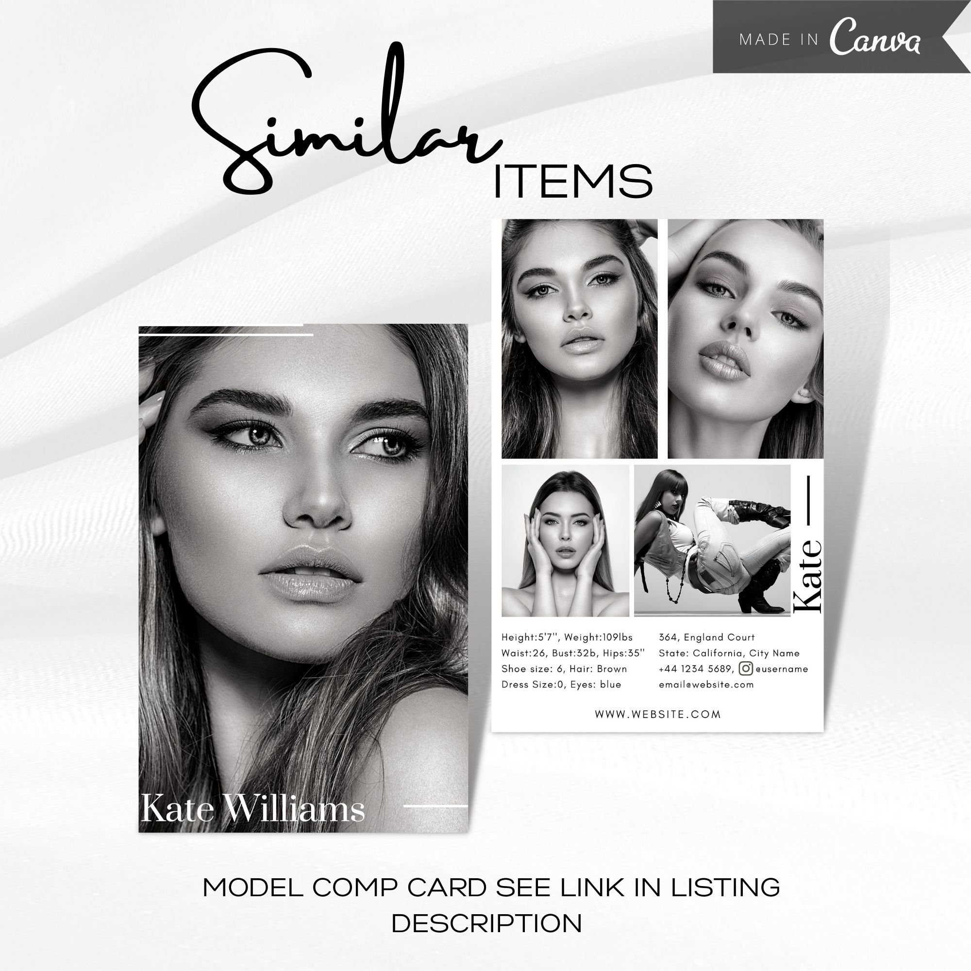 Model Comp Card, Modeling Photo Card Canva Template, Editable Fashion ...