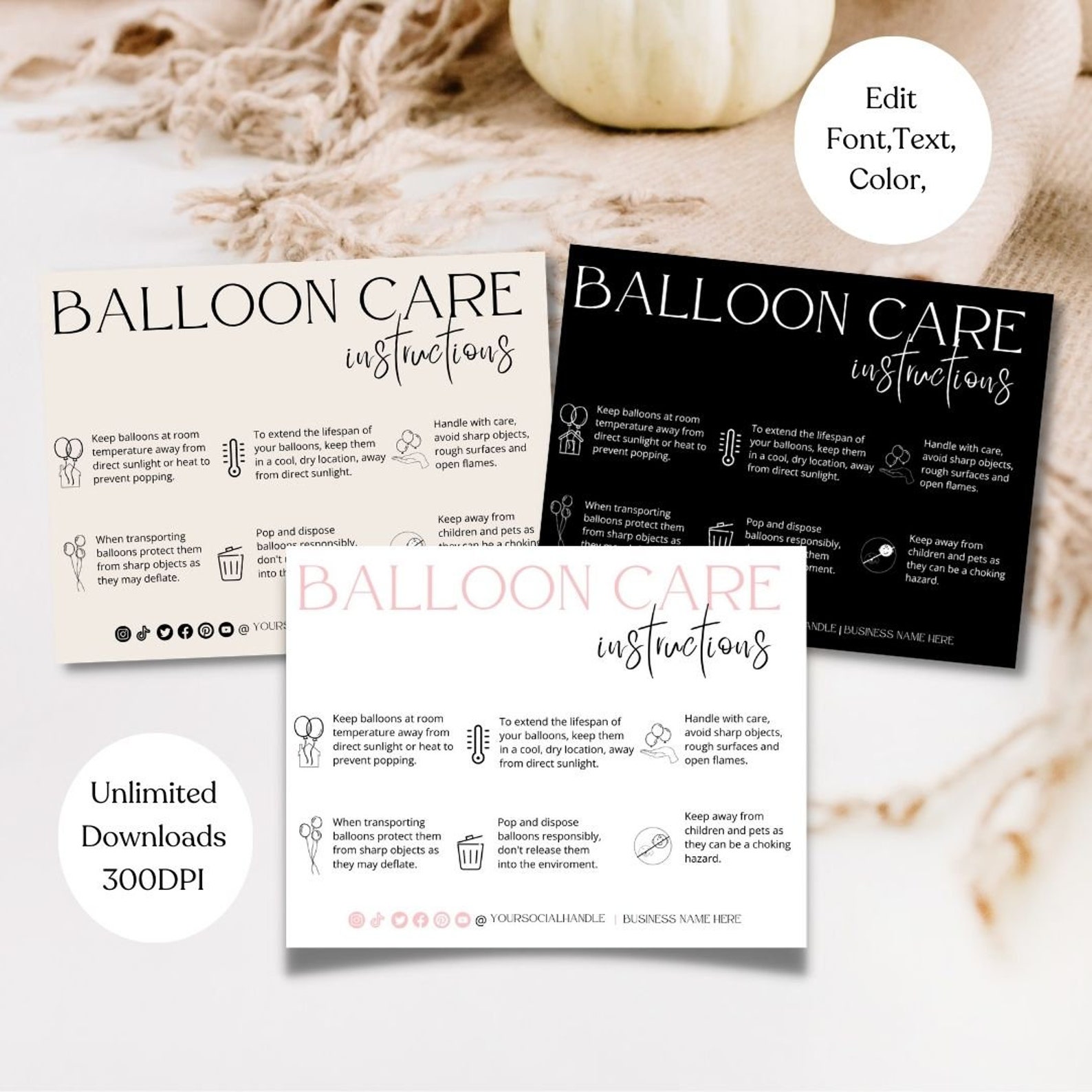 Editable Balloons Care Instructions Template, Printable Balloon Safety ...