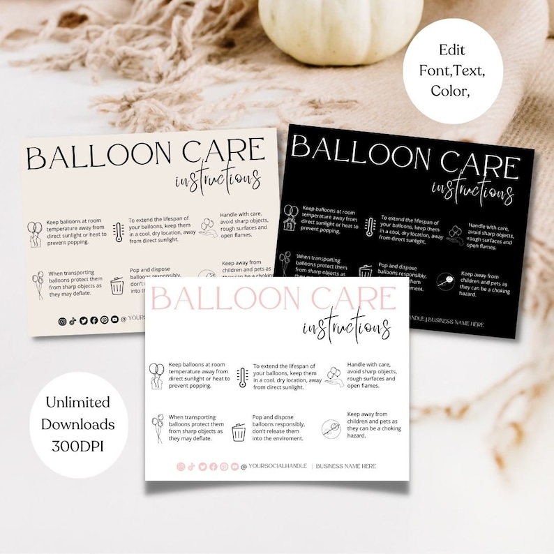 Editable Balloons Care Instructions Template, Printable Balloon Safety ...