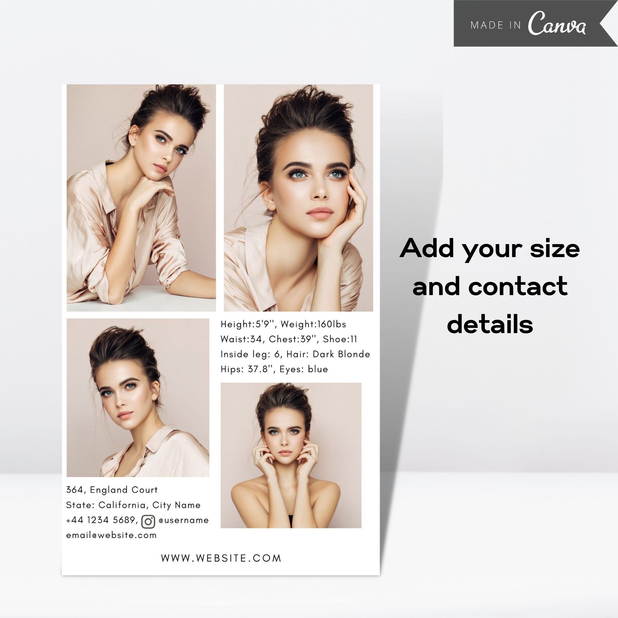 Editable Fashion Model Zed Card, Model Comp Card, Model Portfolio ...