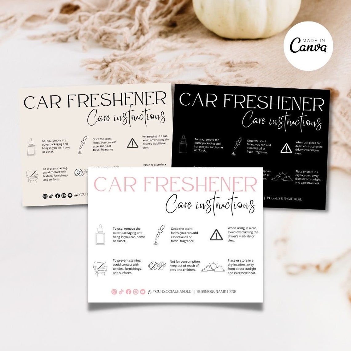 Editable Car Freshener Care Card, Printable Fragrance Safety Hanging ...