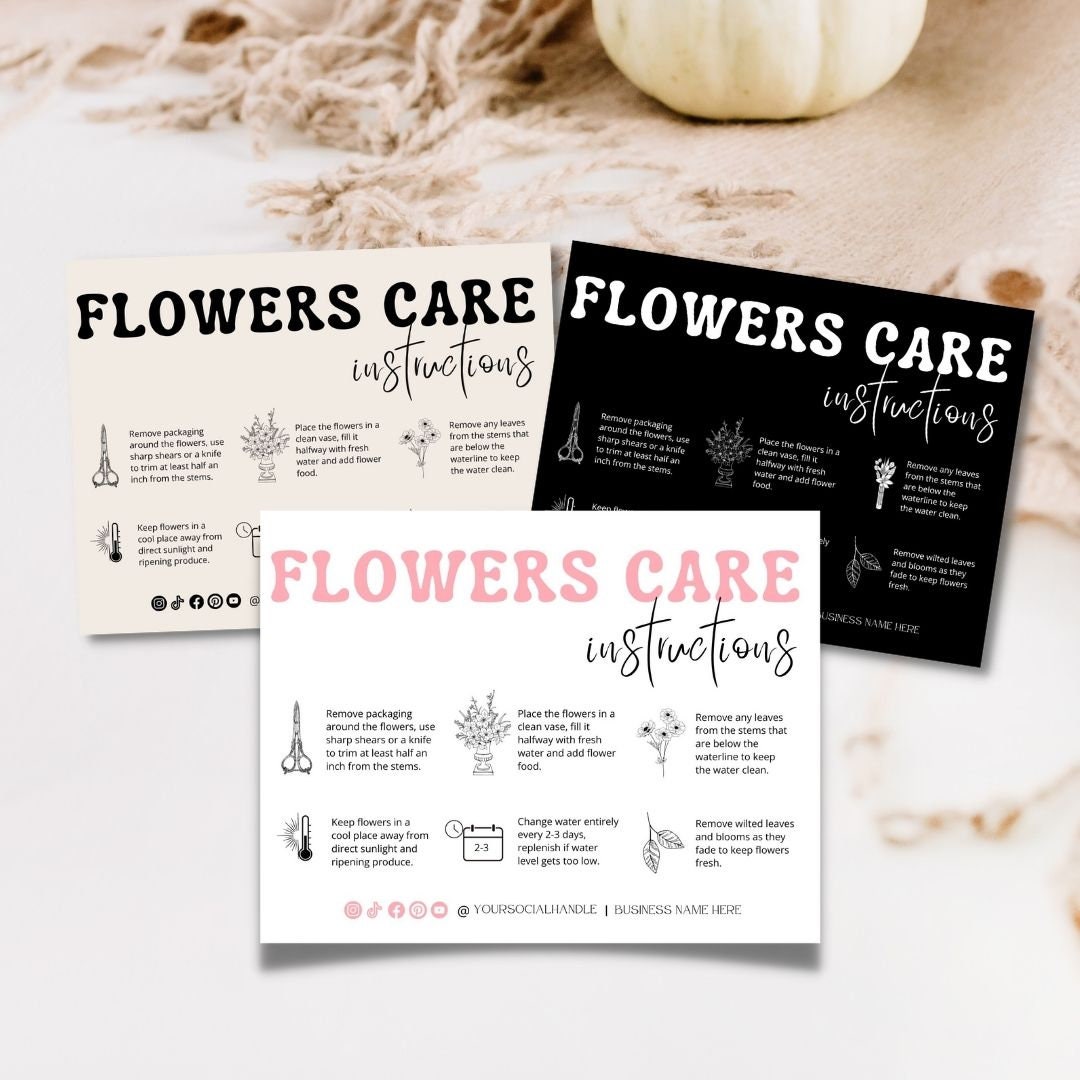 Editable Flower Care Card Instructions, Fresh Cut Flowers Florist Care ...
