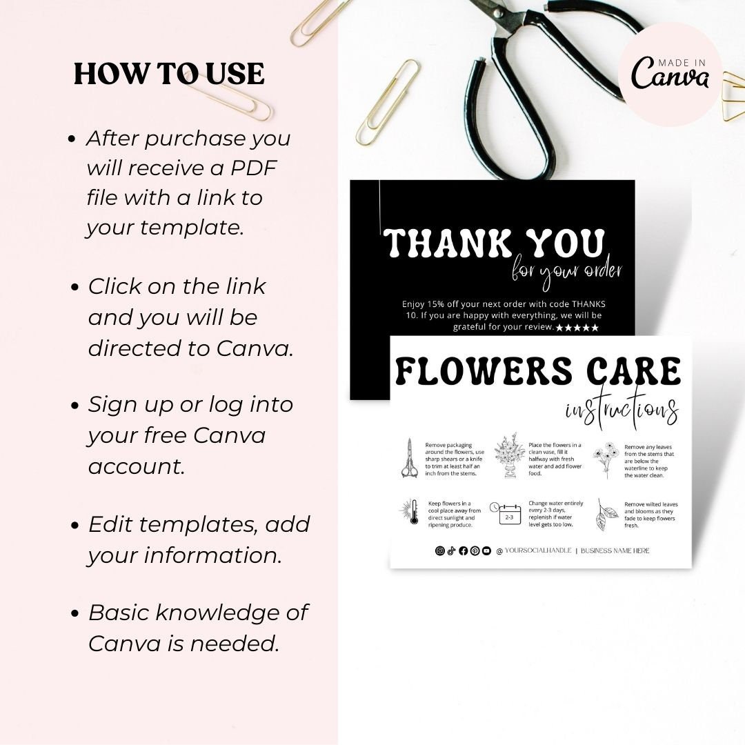 Editable Flower Care Card Instructions, Fresh Cut Flowers Florist Care ...