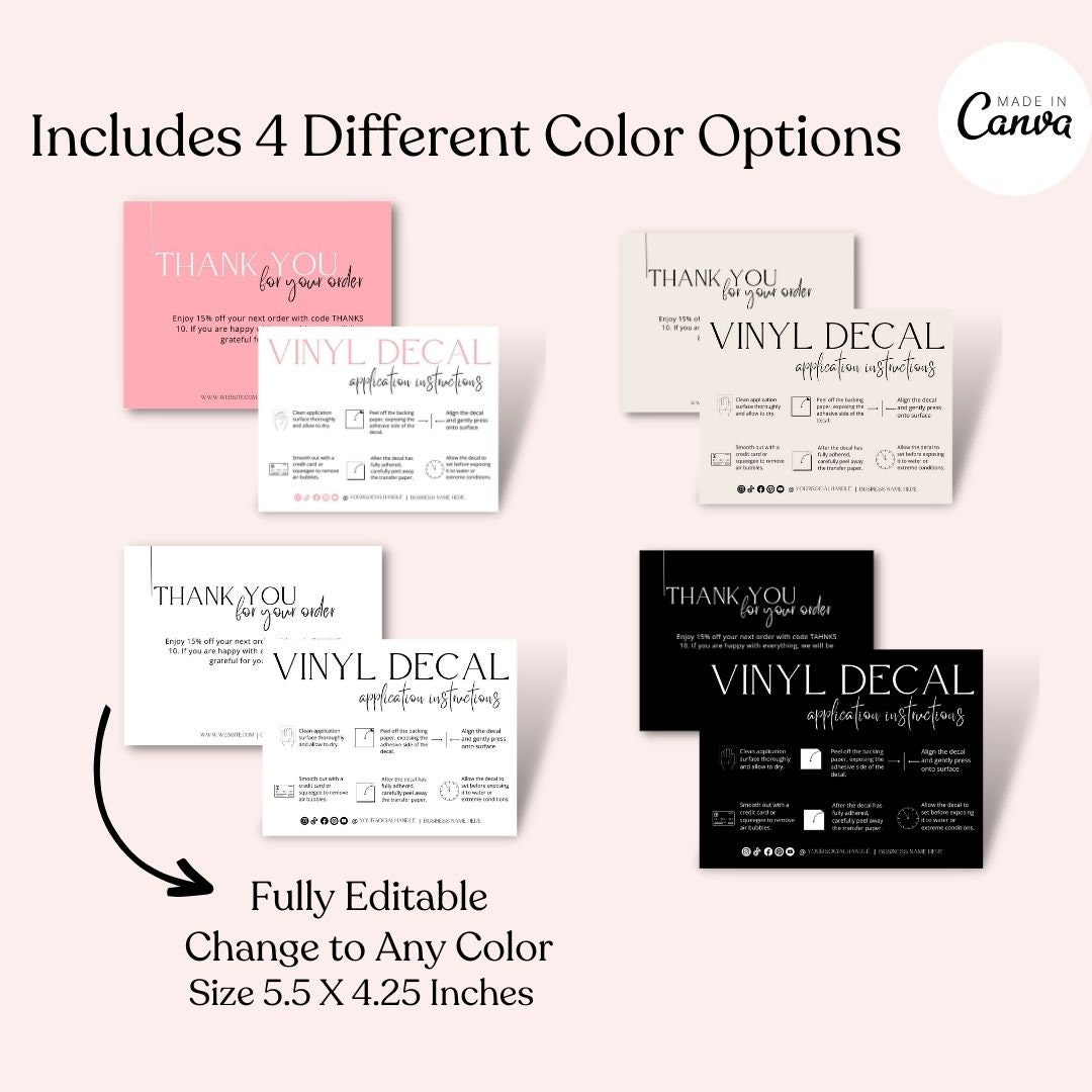 Editable Vinyl Decal Care Card Instructions, DIY Decal Instructions ...