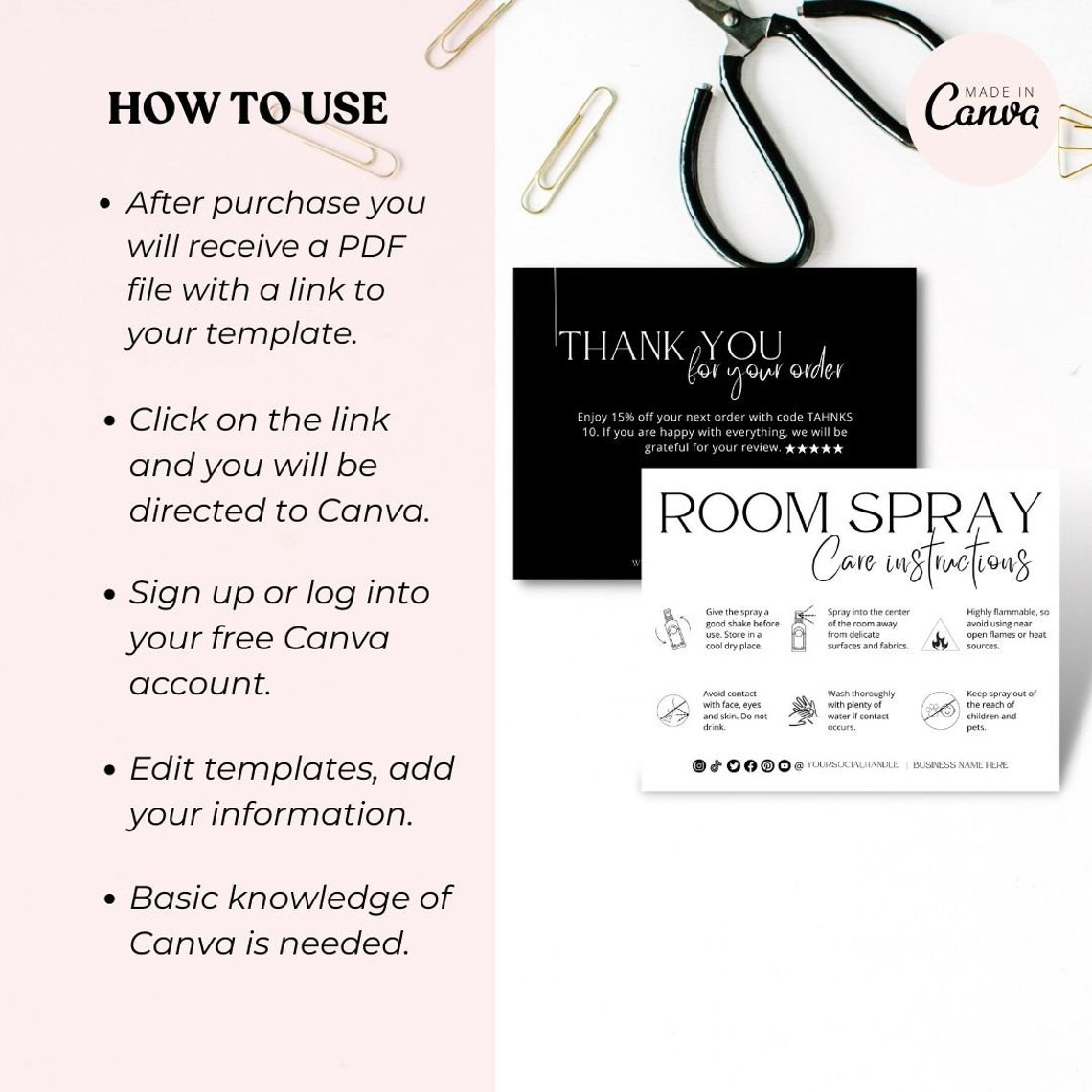 Room Spray Care Card Template, Editable Room Spray Care Instructions ...