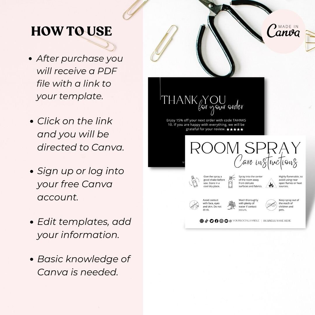 Room Spray Care Card Template, Editable Room Spray Care Instructions ...