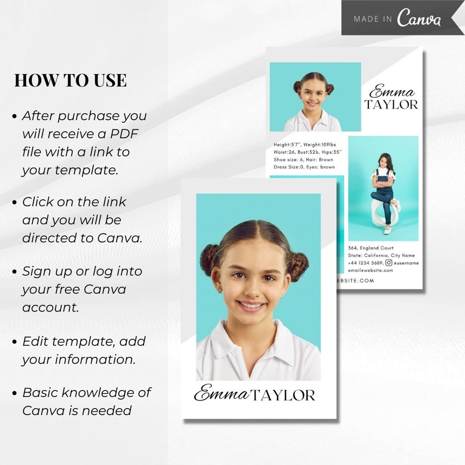 Kids Model Comp Card, Modeling Agency Zed Card, Editable Model ...
