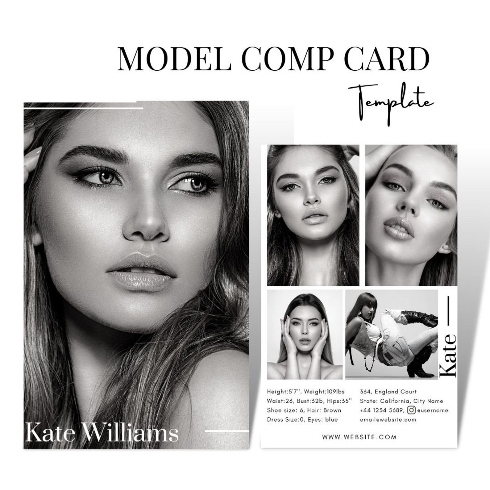 Model Comp Card, Modeling Photo Card Canva Template, Editable Fashion ...