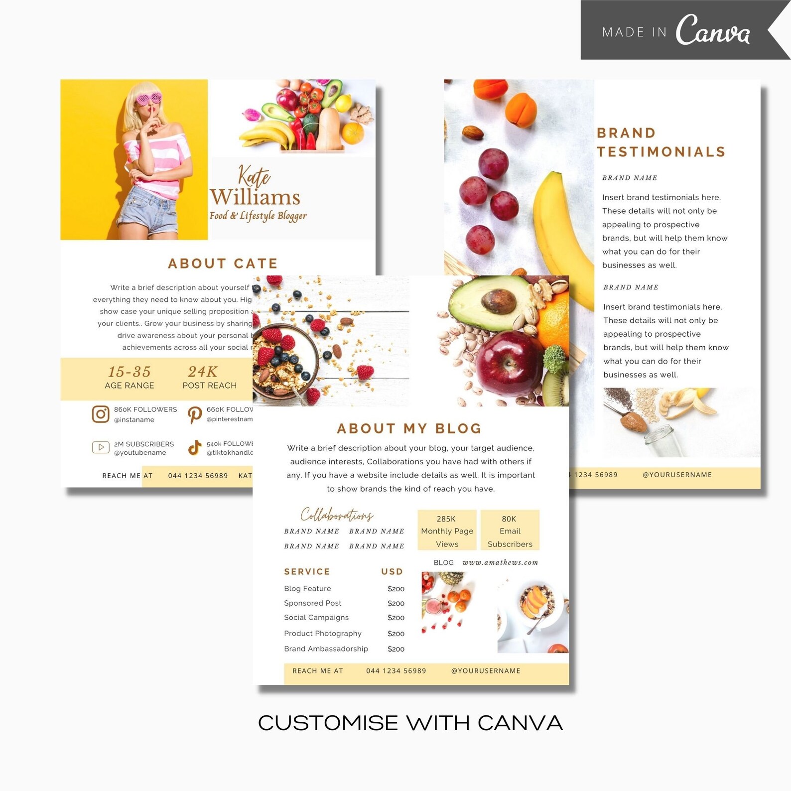3 Page Food Blogger Media Kit Template, Canva Influencer Media Kit ...