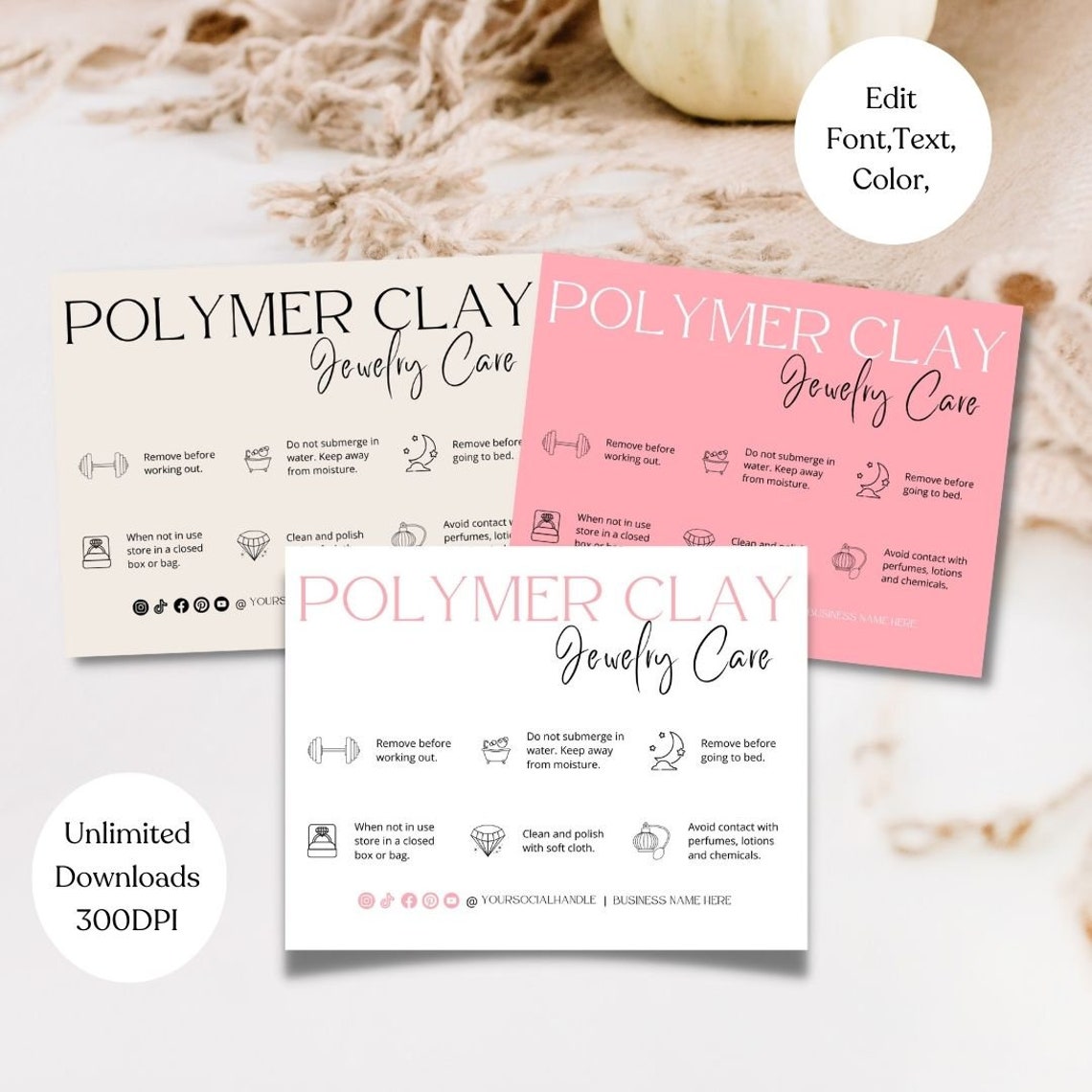 Editable Polymer Clay Jewelry Care Card Template, Jewellery Care ...