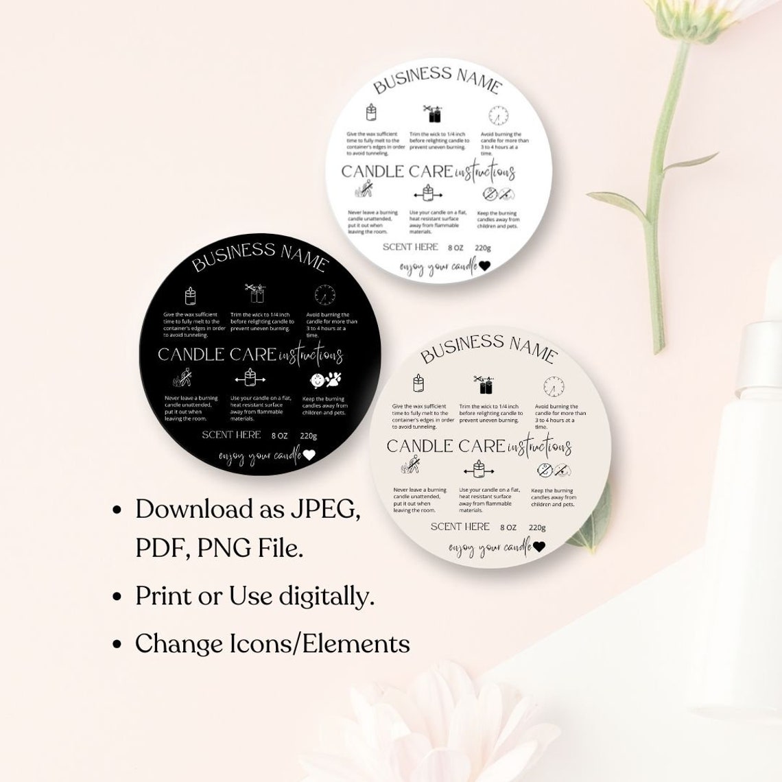 Printable Candle Warning Label, Pink Editable Candle Care Card, Black ...