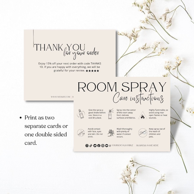 Room Spray Care Card Template, Editable Room Spray Care Instructions ...