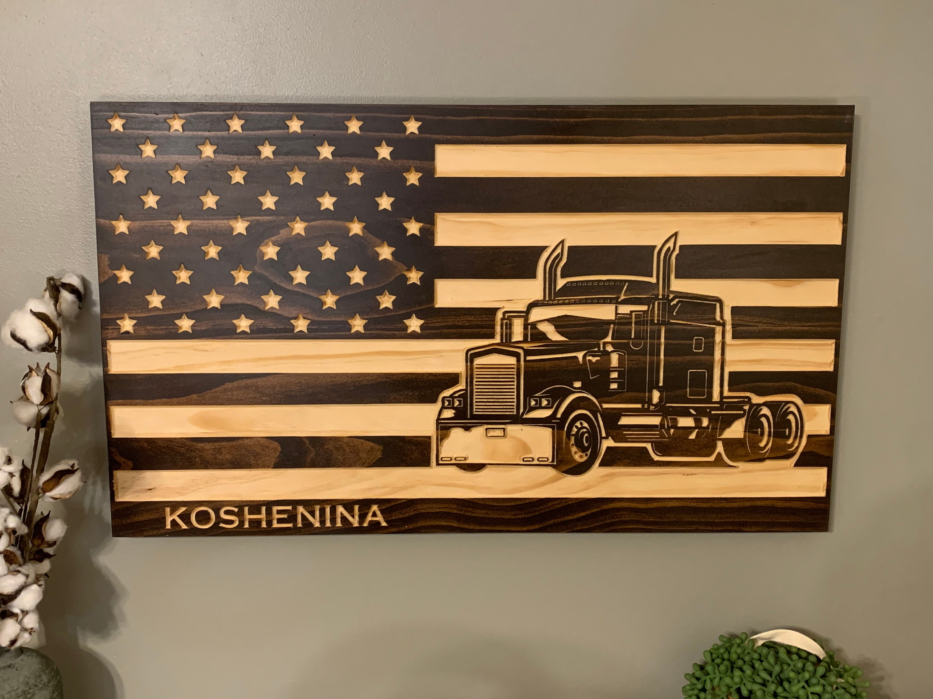 Personalized Semi Truck Wood Flag, American Flag, Gift for Trucker ...