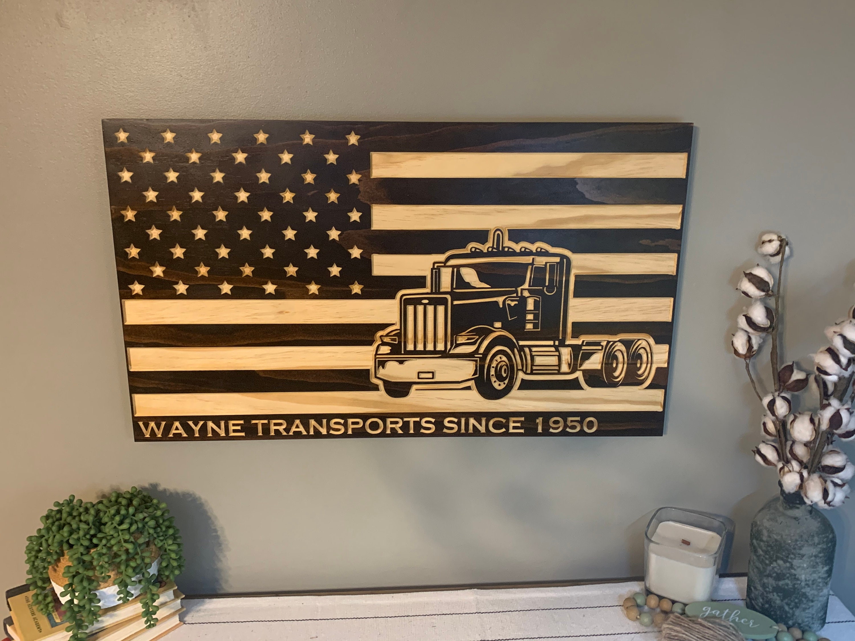 Personalized Semi Truck Wood Flag, American Flag, Gift for Trucker ...