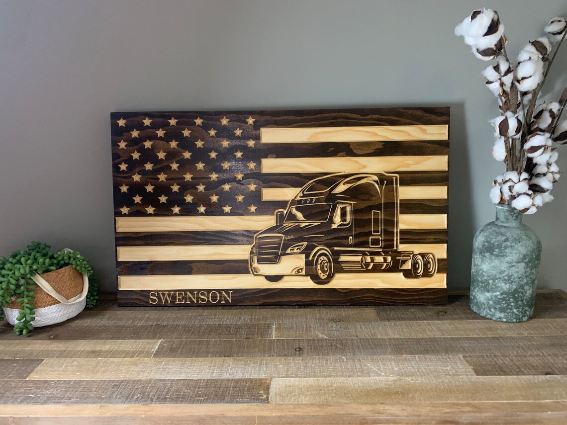 Personalized Semi Truck Wood Flag American Flag Gift for - Etsy