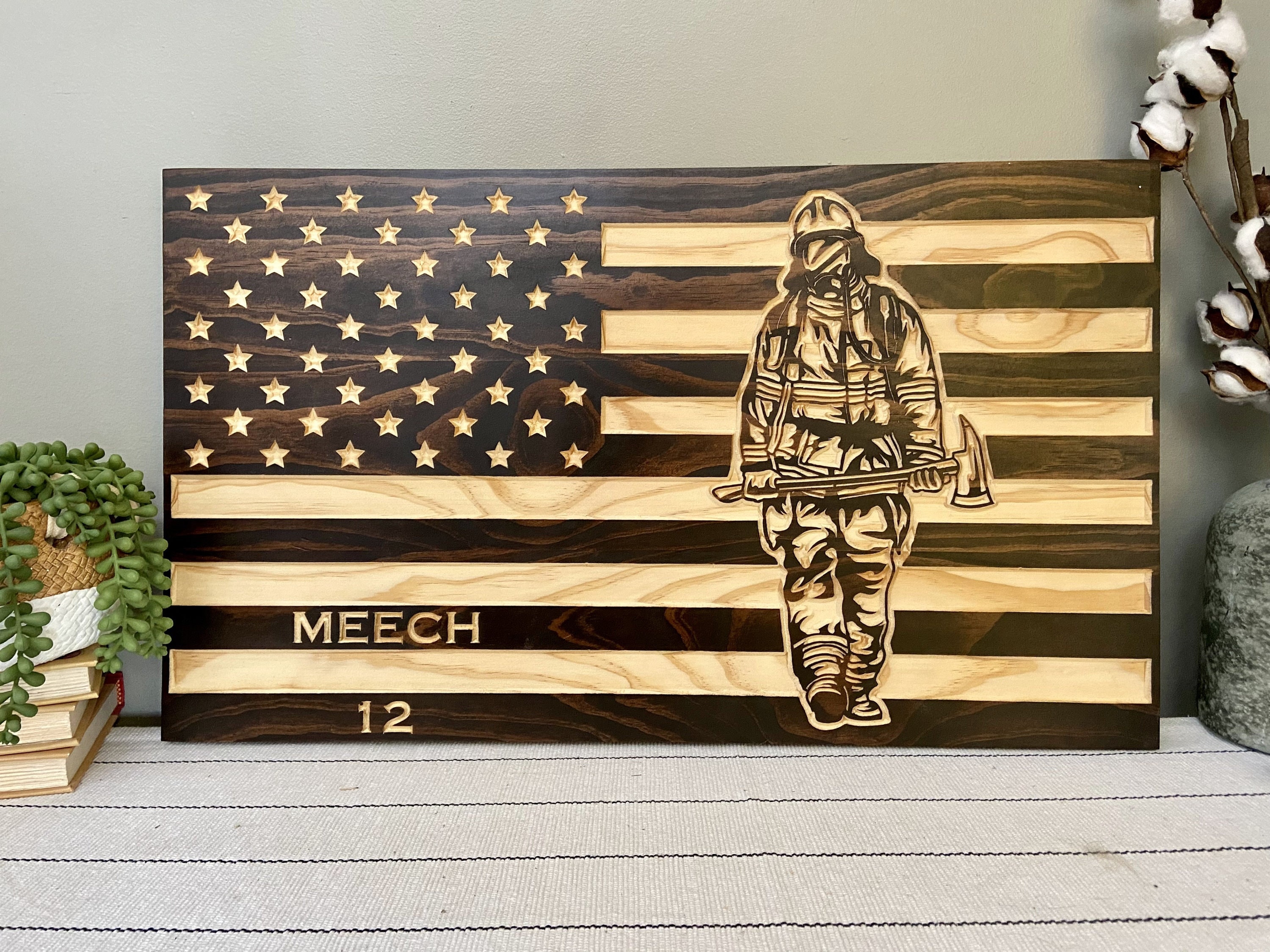 Personalized Firefighter Wood Flag, American Flag, Gift for Firefighter ...