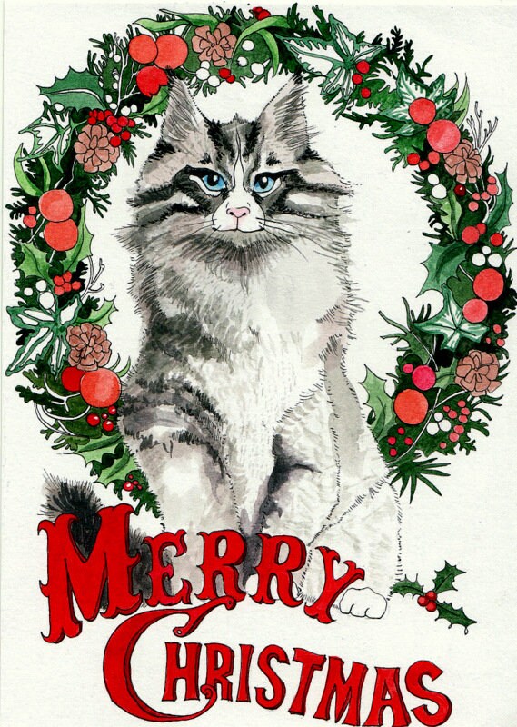 Christmas Clip Art Cat Festive Instant Download Catlover Christmas Card ...
